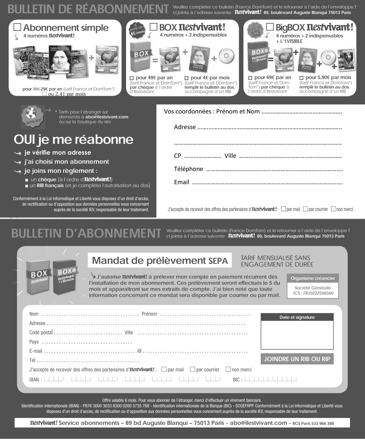 Formulaire d'abonnement papier - Magazine Il est Vivant